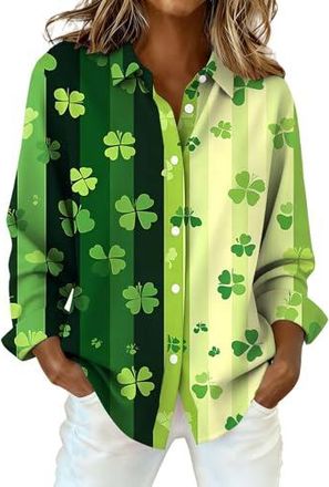 Generic Chemisiers en satin Lucky Clover pour femme - Haut de la Saint-Patrick &agrave; manches longues - Col en V - Style d&eacute;contract&eacute; - Pour le bureau, Vert, XL