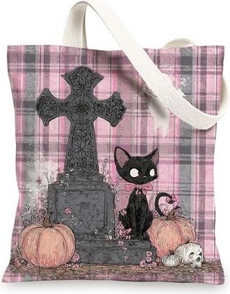 Generic Sacs fourre-tout gothiques en toile, motif chat et citrouille, sacs à provisions réutilisables, sacs en toile vintage légers et lavables pour, pêche, 
