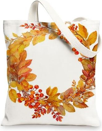 Generic Sacs en toile avec motif feuilles dautomne, sacs dépicerie réutilisables avec motif floral, légers et lavables avec bandoulière B, blanc, 13x15 Inch
