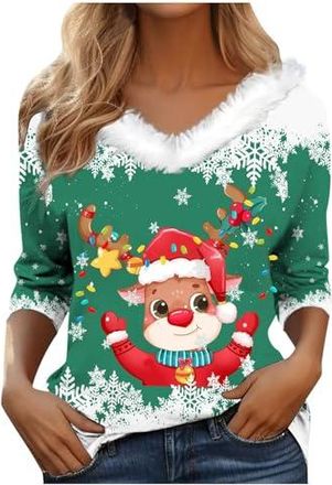 Generic Sweat-shirt de Noël pour femme - Haut en fourrure - Col en V - Manches 3/4 - Motif arbre de Noël - Renne - Imprimé graphique - Pull de vacances décont