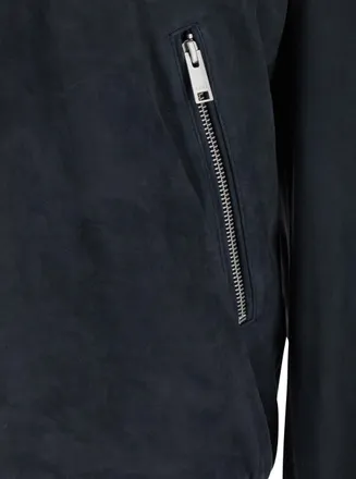 Arma Mens Jacket - Raised Collar, Blue Leather Goat Coat