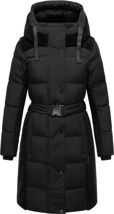 Navahoo Damen Winter Steppmantel warmer Plüschmantel mit Taillengürtel in Material-Mix mit Teddyfell Funkelteddy 14 Black Gr. XXL