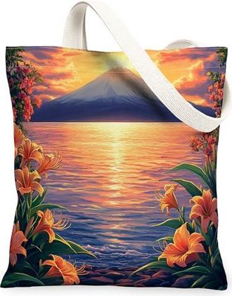 Generic Sac fourre-tout en toile pour le shopping 33 x 38 cm, motif floral, mer, montagne, sac d&eacute;picerie r&eacute;utilisable pour femme, motif floral, d&eacute;coration cad