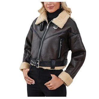 Generic Veste en similicuir pour femme Automne Hiver avec bordure en fausse fourrure Revers Ceinture Courte Décontractée, marron, XS