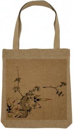 Fabulous Sac Shopping Tote Bag Aspect Lin - Estampe Japonaise 2 Plantes Art D&eacute;licat Original Vintage - Sac de Courses Toile Epaisse 360g Beige Naturel Cabas Po