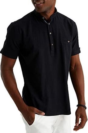 LEIF NELSON Chemise dété en lin pour homme - Manches courtes - Henley pour les loisirs et le travail - Mélange de lin et de coton - Coupe droite, Noir, XXL