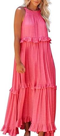 Generic Robe d&eacute;t&eacute; 2026 boh&egrave;me pour femme, robe longue d&eacute;t&eacute; sans manches, &agrave; volants, d&eacute;contract&eacute;e, ample, &agrave; volants, rose, M