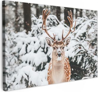 MuchoWow © Bilder Groß 120x80 cm XXL Wohnzimmer Deko Modern Wandbild Kunstdruck auf Leinwand Bild Schlafzimmer über Bett Room Decor Geschenke Rotwild - Schnee 