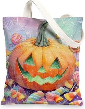 Generic Sacs fourre-tout en toile dHalloween, motif citrouille, sacs à provisions réutilisables, fantaisistes, colorés, légers et lavables en toile pour P, Or