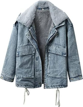 Generic EATAN Veste en jean pour femme - Veste dhiver chaude - Veste bomber pour femme - Manteau dhiver &eacute;pais et l&eacute;ger - Veste dext&eacute;rieur, X01 - bleu, XXL