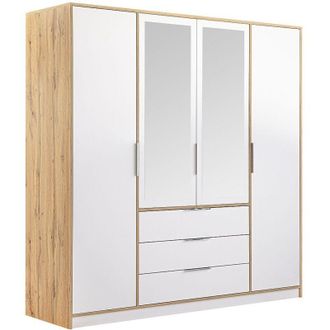 Vente-Unique Armoire 4 portes et 3 tiroirs - Avec miroirs - L196 cm - Coloris : Naturel et blanc - LAMIKI
