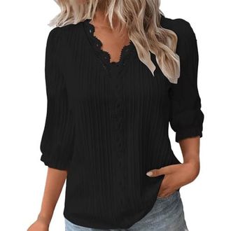 Generic HUIFUAO Tee Shirt Femme Coton Haut Dentelle Chemise Femme Manche 3/4 Tee Shirt Chemise Chic Et &eacute;l&eacute;gant Blouses Basique L&acirc;che Tunique Tops (Black, XXL)