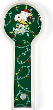 Excelsa Peanuts Shiny & Bright L&ouml;ffelablage aus Keramik, gr&uuml;n und wei&szlig;, verziert mit Snoopy und Weihnachtsbeleuchtung, 25 x 11 x 2,3 cm