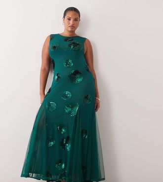 Asos Curve ASOS DESIGN Curve robe longue &agrave; pois orn&eacute;e de sequins bleu sarcelle