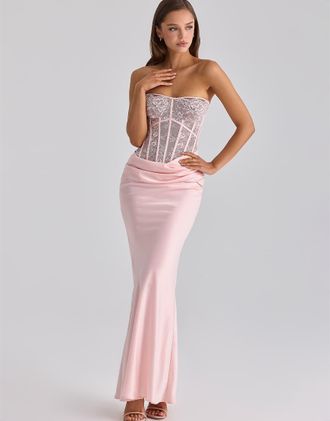 House of CB Ayana - Maxikleid aus Spitze und Satin in Rosa mit Korsettdetail