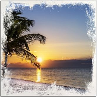 Wallario Wandbild aus Holz Palme am Strand - Sonnenuntergang über dem Meer - 40 x 40 cm in Premium-Qualität: Brillante Farben