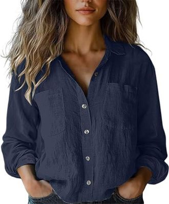 Generico Chemise Femme &Eacute;l&eacute;gant &agrave; Manches Longues Chemisier en Lin Coton Curvy Respirant Chemises Col en V Mode T Shirt Vintage Imprim&eacute; avec Boutons Doux Blouse