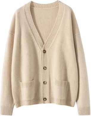 Generic Cardigan &agrave; col en V pour femme 100 % cachemire pull ample en tricot r&eacute;tro poches v&ecirc;tements dext&eacute;rieur, Beige, taille unique