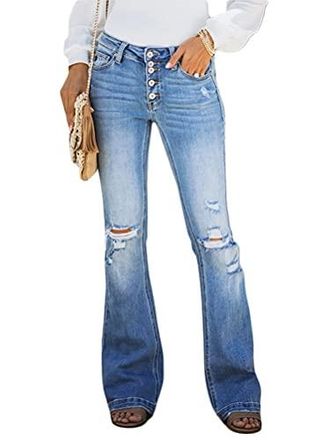 Minetom Femmes Taille Haute Denim Flared Pantalons &Eacute;vas&eacute; Jambe Large Vintage Bootcut Stretch Slim Fit Push Up Jeans Pants N Bleu XL