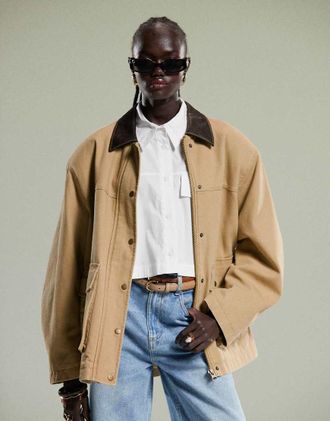 Asos Oversize-Jacke in Steinbraun mit Kragen in Lederoptik