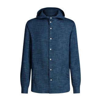 Kiton Homme, Chemises, Bleu, Taille: L Natural Fibre Blend Hooded Overshirt