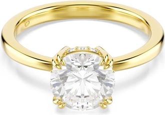 Swarovski Bague cocktail de la collection Stilla, cristaux incolores de taille ronde avec sertissage doubles griffes, avec un placage de ton or, taille 52