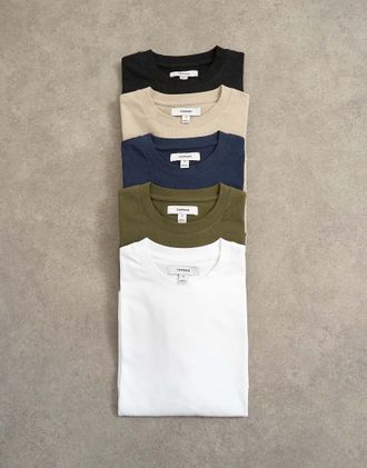 Topman 5er-Pack T-Shirts in Classic Fit in Schwarz, Wei&szlig;, Stone, Marineblau und Khaki-Multi
