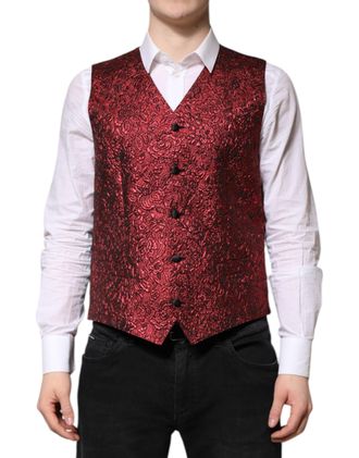 Dolce & Gabbana Red Floral Brocade Formal Men Waistcoat Vest Clothing