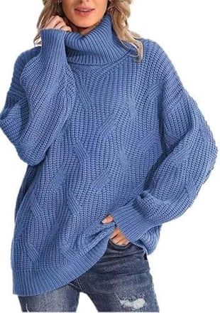 Generic Chandail en tricot &eacute;pais &agrave; col roul&eacute; pour femme, pull surdimensionn&eacute;, manches longues, pull dhiver pour femme, bleu, XL