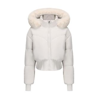 Generic Doudoune dhiver courte pour femme avec capuche en fausse fourrure et col montant avec fermeture &eacute;clair, Blanc/gris, XXL