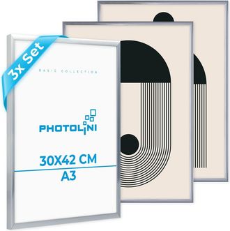Photolini Bilderrahmen A3 30x42 cm Silber, 3er Set Kunststoff-Rahmen schmal, bruchsicheres Acrylglas, zum Aufhängen, extra Zubehör - Dokumentenrahmen für Urkund