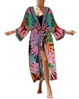 Bsubseach Kimono Cover Ups für Bademode Frauen Boho Badeanzug Coverup Strand Duster Lang Sommer Strickjacke Buntes Blatt