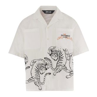Just Cavalli Homme, Chemises, Blanc, Taille: L Chemise en coton avec imprim&eacute; tigre et logo