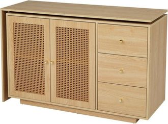 Urban Meuble Bureau dangle modulable plateau pivotant &agrave; 360&deg; effet bois clair portes en rotin 3 tiroirs OBELISKSPIRE