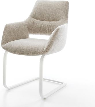 DELIFE Freischwinger Yago-Flex mit Armlehnen Webstoff Soft Beige Freischwinger flach Wei&szlig; Taschenfederkern, Esszimmerst&uuml;hle