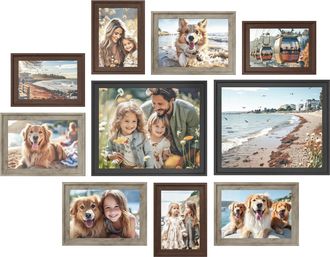 Songmics Bilderrahmen 10er Set, 16 Passepartouts, zwei 20 x 25 cm, vier 13 x 18 cm, vier 10 x 15 cm, aufh&auml;ngen, aufstellen, Glas, 12 spurlose Wandhaken, rotbra