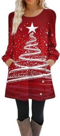 Generic Robe Noel Femme Chic et Elegante Robe Pull Casual Imprimé Noël Col Rond Manches Longues Robe de Noël Femme Swing Plissé A-Line avec Poches,f1069y,Verm