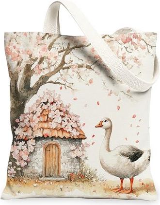 Generic Sac fourre-tout en toile Spring Goose pour le shopping, 33 x 38,1 cm, sac d&eacute;picerie r&eacute;utilisable pour femme, peinture danimaux, d&eacute;coration cadeau