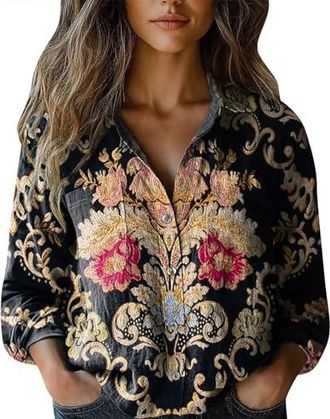 Generico Chemise Femme d&Eacute;t&eacute; Curvy &agrave; Manches Longues T Shirt en Lin Coton &Eacute;l&eacute;gant Respirant Chemisier Col en V Doux Chemises Vintage Imprim&eacute; avec Boutons L&eacute;ger 