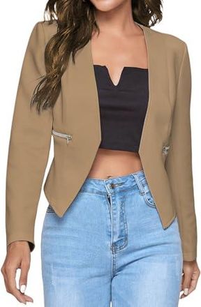 Generic Veste courte à manches longues ouverte sur le devant pour femme - Coupe ajustée - Blazer court avec poches zippées, kaki, XXL
