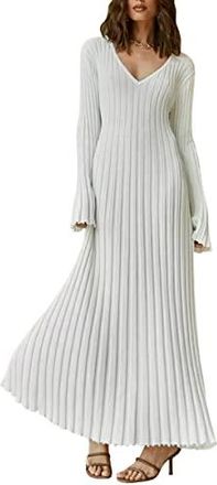 Minetom Femmes Robe de Soirée Élégante Col en V Manches Longues Robes de Cocktail Pull Tricoté Plissée Longue Robe B Blanc XS