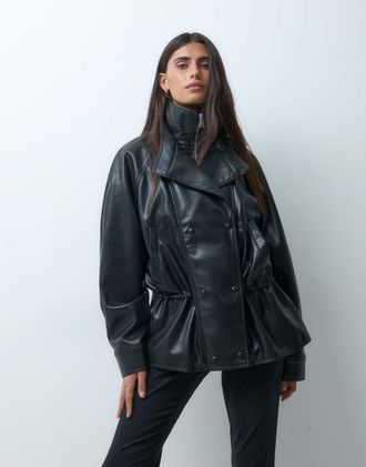Asos 80er-Jahre-Jacke in Lederoptik mit doppelter Lage und taillierter Taille in Schwarz