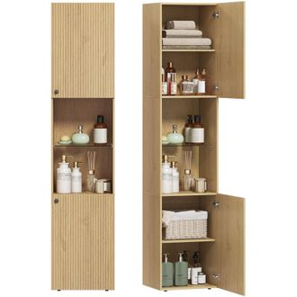 HOMCOM Armoire salle de bain haute, meuble de rangement colonne 6 niveaux 2 portes et &eacute;tag&egrave;res r&eacute;glables, 40x31x182cm, ch&ecirc;ne-Ch&ecirc;ne