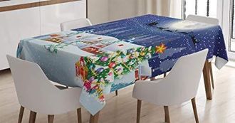 Abakuhaus No&euml;l Nappe, Paysage dhiver, Linge de Table Rectangulaire pour Salle &agrave; Manger D&eacute;cor de Cuisine, 140 x 200 cm, Bleu Et Blanc