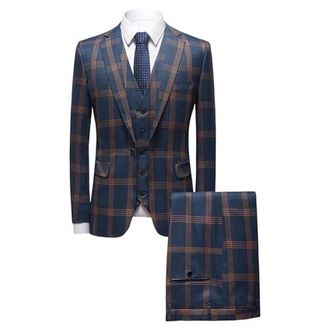 Generic Ensemble de smoking 3 pi&egrave;ces pour homme - Motif carreaux - Robe formelle - Pour affaires, mariage, bal de fin dann&eacute;e, blazer, Bleu 2, 3XL