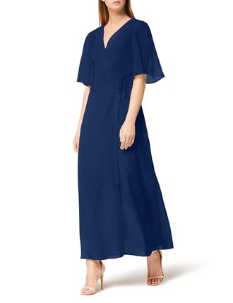 Truth & Fable Truth & Fable Damen Maxi Chiffon-Kleid mit A-Linie, Marineblau, 36