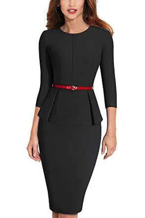 Homeyee Elégante Robe de soirée à col Rond et Ceinture à Basques pour Femmes B473 (EU 42 = Size XL, Noir)