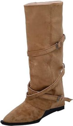 Generic Bottes hautes au genou pour femme - Large mollet - Style d&eacute;contract&eacute; - &Eacute;l&eacute;gantes - Boucle &agrave; bout pointu - Talon bas - &Agrave; enfiler - Automne et hiver, ka