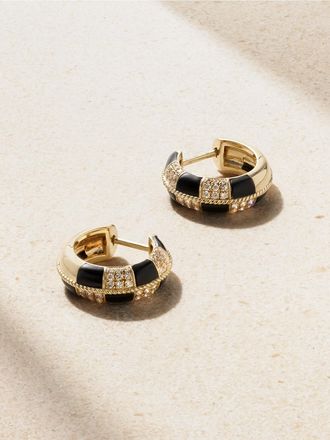 Yvonne Léon Mini Créoles Creolen Aus 9 Kart Gold Mit Onyxen Und Diamanten - Schwarz