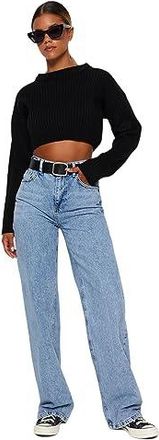 Trendyol Jean Droit pour Femme, Coupe Large, Taille Haute, Bleu Clair, 34